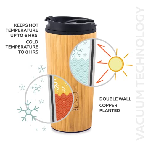 Santai Living Insulated Bamboo Travel Mug Tumbler Leak-Proof Black Flip Lid Coffee Cup Stainless Steel Thermos,16oz/400ml