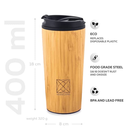 Santai Living Insulated Bamboo Travel Mug Tumbler Leak-Proof Black Flip Lid Coffee Cup Stainless Steel Thermos,16oz/400ml