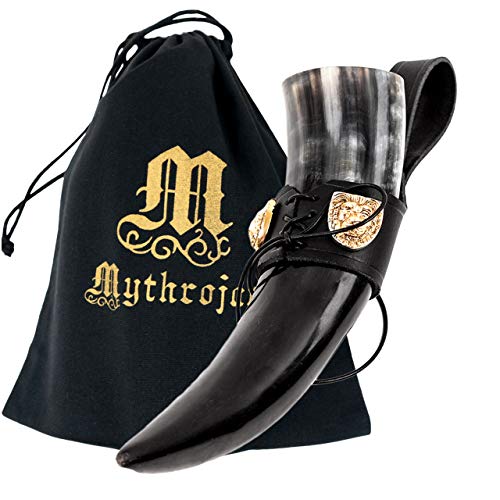 Mythrojan THE LION ALWAYS PAYS ITS DEBTS - Viking Drinking Horn with Black Leather holder Authentic Medieval Inspired Viking Wine/Mead Mug – Polished Finish