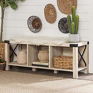 walker edison sedalia modern farmhouse metal x entryway bench, 48 inch, white oak