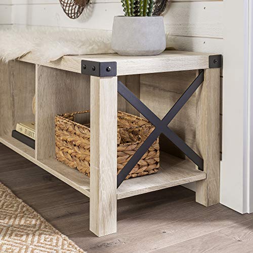 Walker Edison Sedalia Modern Farmhouse Metal X Entryway Bench, 48 Inch, White Oak