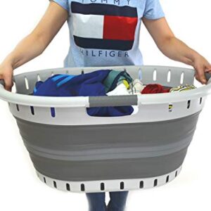 SAMMART 57L (15 Gallons) Collapsible 3-Handled Plastic Laundry Basket - Oval Tub - Portable Washing Tub-Space Saving Laundry Hamper (1 pc - Oval, Dark Grey)