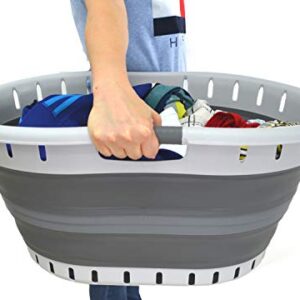 SAMMART 57L (15 Gallons) Collapsible 3-Handled Plastic Laundry Basket - Oval Tub - Portable Washing Tub-Space Saving Laundry Hamper (1 pc - Oval, Dark Grey)