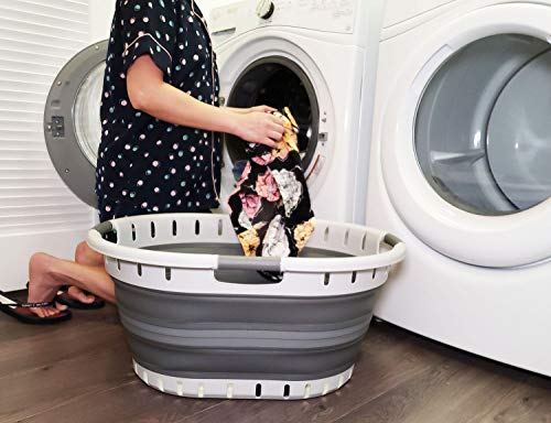 SAMMART 57L (15 Gallons) Collapsible 3-Handled Plastic Laundry Basket - Oval Tub - Portable Washing Tub-Space Saving Laundry Hamper (1 pc - Oval, Dark Grey)