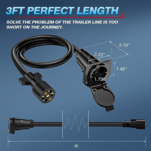 MICTUNING 7 Way Trailer Plug Socket Extension Cable - 7 Blade Trailer Wiring Connector Cord Wire 3ft 10-14 AWG