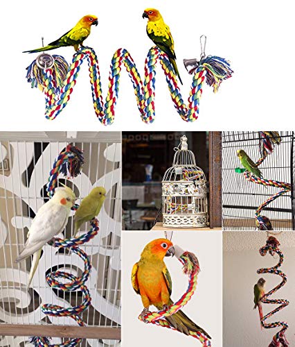 GINXIA Parrot Rope Perch Cotton Rope Bird Perch with Bell Climbing Stand Bar Bird Bungee Toy Parrot Chew Toys (43")