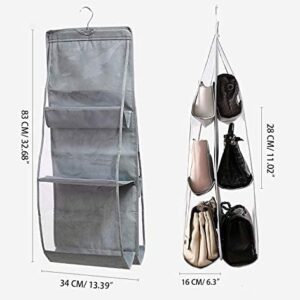 WONSHREE Hanging Handbag Organizer for Closet Wardrobe Purse Clutch Tote Bag Collection Storage Holder with 6 Clear Easy Access Pockets Over The Door Organizer,Space Saving Organizers, Grey