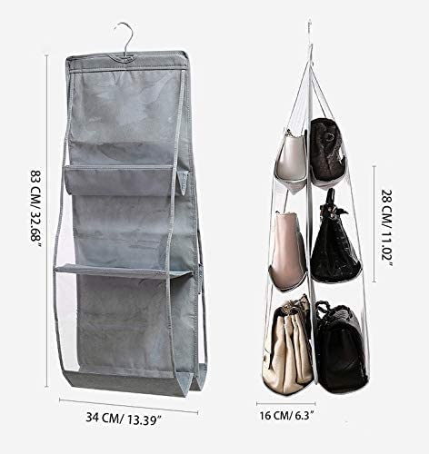 WONSHREE Hanging Handbag Organizer for Closet Wardrobe Purse Clutch Tote Bag Collection Storage Holder with 6 Clear Easy Access Pockets Over The Door Organizer,Space Saving Organizers, Grey