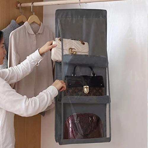 WONSHREE Hanging Handbag Organizer for Closet Wardrobe Purse Clutch Tote Bag Collection Storage Holder with 6 Clear Easy Access Pockets Over The Door Organizer,Space Saving Organizers, Grey