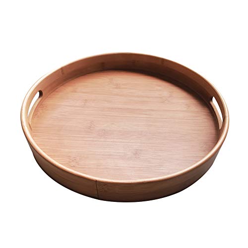 Bamboo Wood Natural Round Serving Tray, Raised Edge, Food Tray, Cut-Out Handles (40*40*5cm)