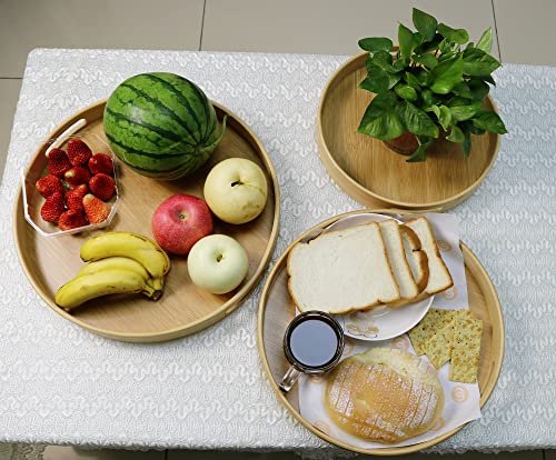 Bamboo Wood Natural Round Serving Tray, Raised Edge, Food Tray, Cut-Out Handles (40*40*5cm)