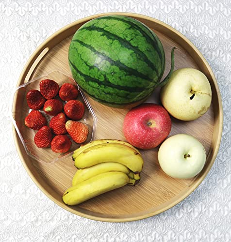 Bamboo Wood Natural Round Serving Tray, Raised Edge, Food Tray, Cut-Out Handles (40*40*5cm)