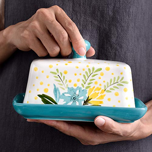 Wisenvoy Butter Dish Ceramic Butter Dish with Lid Butter Keeper Butter Dish with Lid for Countertop Flower Butter Crock