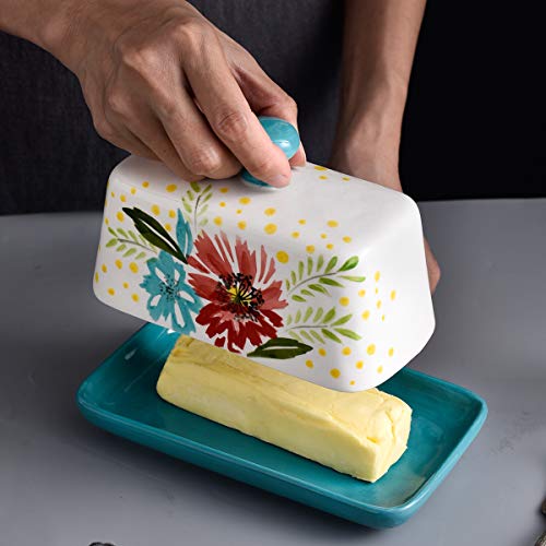 Wisenvoy Butter Dish Ceramic Butter Dish with Lid Butter Keeper Butter Dish with Lid for Countertop Flower Butter Crock