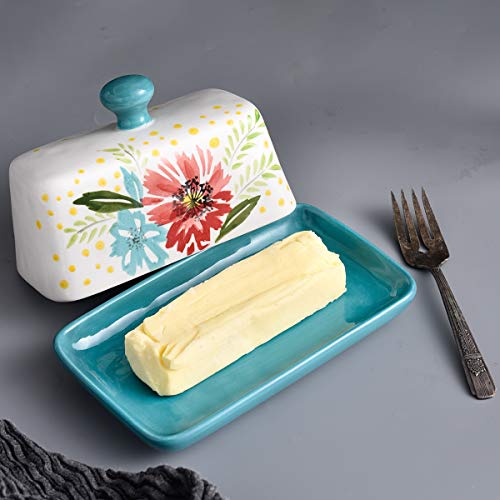 Wisenvoy Butter Dish Ceramic Butter Dish with Lid Butter Keeper Butter Dish with Lid for Countertop Flower Butter Crock