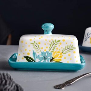 Wisenvoy Butter Dish Ceramic Butter Dish with Lid Butter Keeper Butter Dish with Lid for Countertop Flower Butter Crock