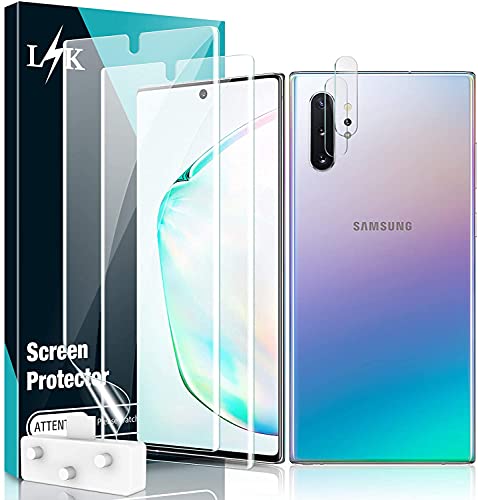 [2+2 Pack] LϟK Compatible for Samsung Galaxy Note 10 Plus 5G, 2 Pack Flexible TPU Screen Protector and 2 Pack Camera Lens Protector, [Fingerprint Available] Locate Tool Precise Alignment Bubble Free