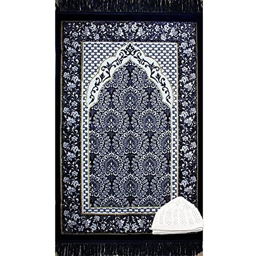 Modefa Turkish Islamic Prayer Rug - Soft & Plush Velvet Praying Carpet - Traditional Muslim Prayer Mat - Muslim Janamaz Sajada - Ramadan or Eid Gift - Kufi Prayer Cap - Floral Ipek (Blue)