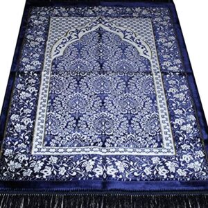 Modefa Turkish Islamic Prayer Rug - Soft & Plush Velvet Praying Carpet - Traditional Muslim Prayer Mat - Muslim Janamaz Sajada - Ramadan or Eid Gift - Kufi Prayer Cap - Floral Ipek (Blue)