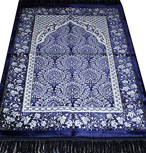 Modefa Turkish Islamic Prayer Rug - Soft & Plush Velvet Praying Carpet - Traditional Muslim Prayer Mat - Muslim Janamaz Sajada - Ramadan or Eid Gift - Kufi Prayer Cap - Floral Ipek (Blue)