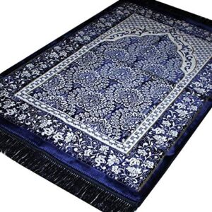 Modefa Turkish Islamic Prayer Rug - Soft & Plush Velvet Praying Carpet - Traditional Muslim Prayer Mat - Muslim Janamaz Sajada - Ramadan or Eid Gift - Kufi Prayer Cap - Floral Ipek (Blue)