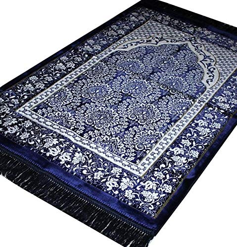 Modefa Turkish Islamic Prayer Rug - Soft & Plush Velvet Praying Carpet - Traditional Muslim Prayer Mat - Muslim Janamaz Sajada - Ramadan or Eid Gift - Kufi Prayer Cap - Floral Ipek (Blue)