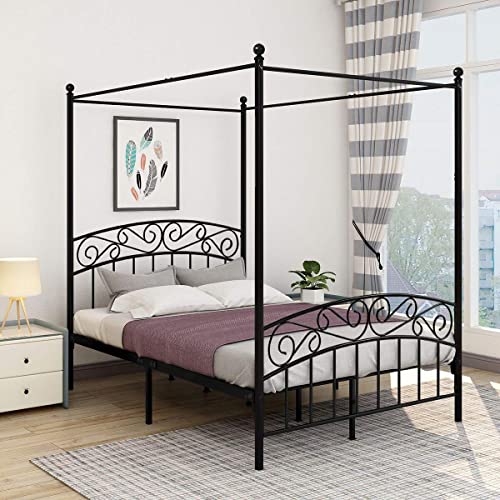 JURMERRY Metal Canopy Bed Frame Four-Poster Bed with Headboard & Footboard Mattress Foundation Sturdy Slatted Structure No Box Spring Needed Easy Assembly,Full Black