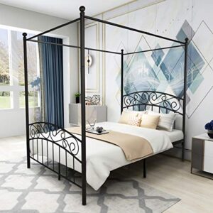 JURMERRY Metal Canopy Bed Frame Four-Poster Bed with Headboard & Footboard Mattress Foundation Sturdy Slatted Structure No Box Spring Needed Easy Assembly,Full Black