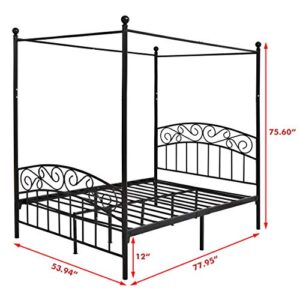 JURMERRY Metal Canopy Bed Frame Four-Poster Bed with Headboard & Footboard Mattress Foundation Sturdy Slatted Structure No Box Spring Needed Easy Assembly,Full Black