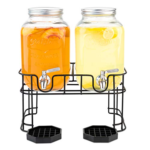 Dual Gallon Glass Beverage Dispensers with Metal Stand, Stainless Steel Spigot, Metal Lid and Drip Trays- Gallon Glass Yorkshire Mason Container for Kombucha Fermenting, Iced Tea and more