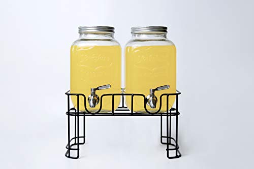 Dual Gallon Glass Beverage Dispensers with Metal Stand, Stainless Steel Spigot, Metal Lid and Drip Trays- Gallon Glass Yorkshire Mason Container for Kombucha Fermenting, Iced Tea and more