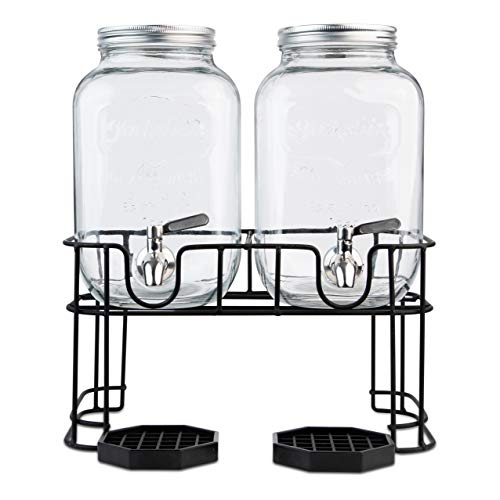 Dual Gallon Glass Beverage Dispensers with Metal Stand, Stainless Steel Spigot, Metal Lid and Drip Trays- Gallon Glass Yorkshire Mason Container for Kombucha Fermenting, Iced Tea and more