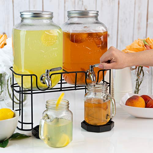 Dual Gallon Glass Beverage Dispensers with Metal Stand, Stainless Steel Spigot, Metal Lid and Drip Trays- Gallon Glass Yorkshire Mason Container for Kombucha Fermenting, Iced Tea and more