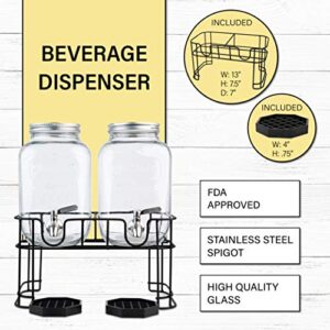 Dual Gallon Glass Beverage Dispensers with Metal Stand, Stainless Steel Spigot, Metal Lid and Drip Trays- Gallon Glass Yorkshire Mason Container for Kombucha Fermenting, Iced Tea and more