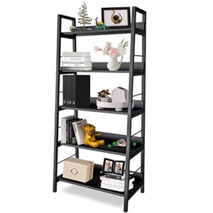 himimi ladder bookshelf black,tall bookcase and book shelf 5 tier shelves, industrial modern wood display shelf book case with metal frame,storage rack home office furniture for living room,bedroom