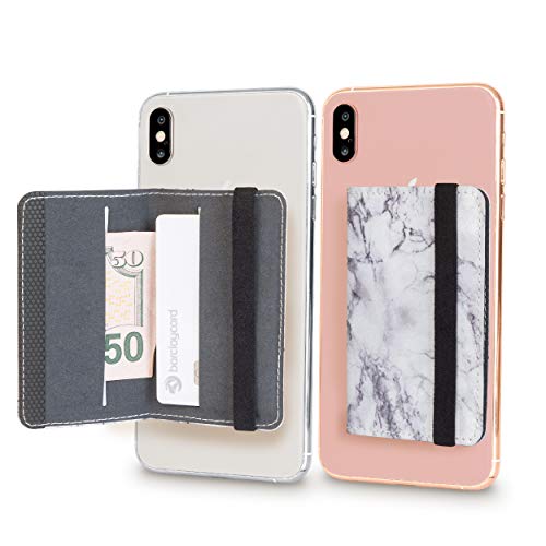 Cell Phone Card Holder Stick on Wallet Phone Pocket for iPhone, Android and All Smartphones with Strap (White Marble Belt)