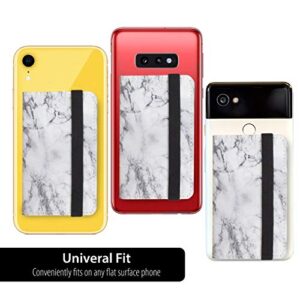 Cell Phone Card Holder Stick on Wallet Phone Pocket for iPhone, Android and All Smartphones with Strap (White Marble Belt)