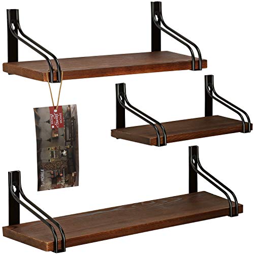 TJ.MOREE Bathroom Shelves Wall Mounted, Floating Shelves Set of 3, Rustic Wood Wall Storage Shelf Decor for Bedroom, Living Room, Kitchen, Office - Carbonized Brown