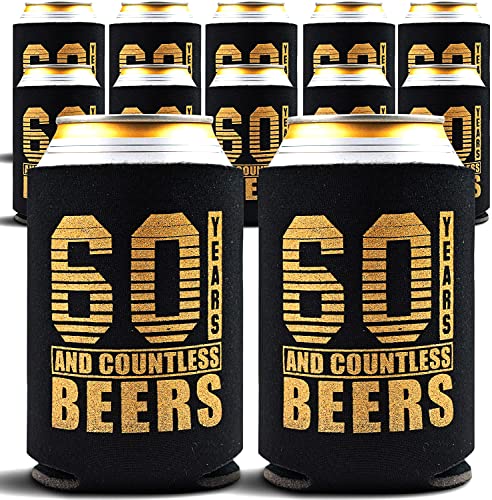 60th Birthday Decor and Party Favors, Beverage Sleeves Gift for Dad's 60th Birthday Party, Decorations and Party Supply, 60s Birthday Decorations for Men, 12-Pack, Black & Gold