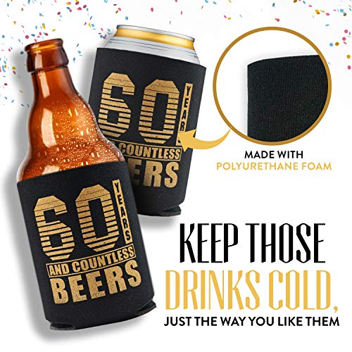 60th Birthday Decor and Party Favors, Beverage Sleeves Gift for Dad's 60th Birthday Party, Decorations and Party Supply, 60s Birthday Decorations for Men, 12-Pack, Black & Gold