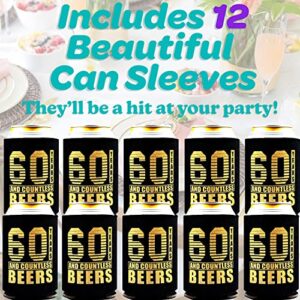 60th Birthday Decor and Party Favors, Beverage Sleeves Gift for Dad's 60th Birthday Party, Decorations and Party Supply, 60s Birthday Decorations for Men, 12-Pack, Black & Gold