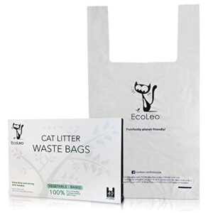 cat litter waste poop bags - x-large, compostable, plastic-free, thick, leak proof, pet/dog poo bags with easy-tie handles,10.5 x 18.5 inch, white, ecoleo