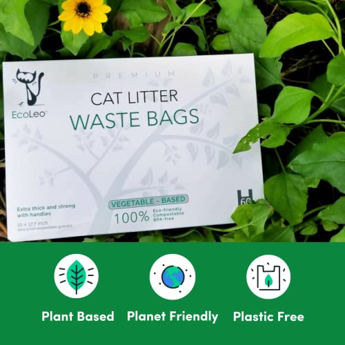 Cat Litter Waste Poop Bags - X-Large, Compostable, Plastic-free, Thick, Leak Proof, Pet/Dog Poo Bags with Easy-Tie Handles,10.5 x 18.5 inch, White, EcoLeo