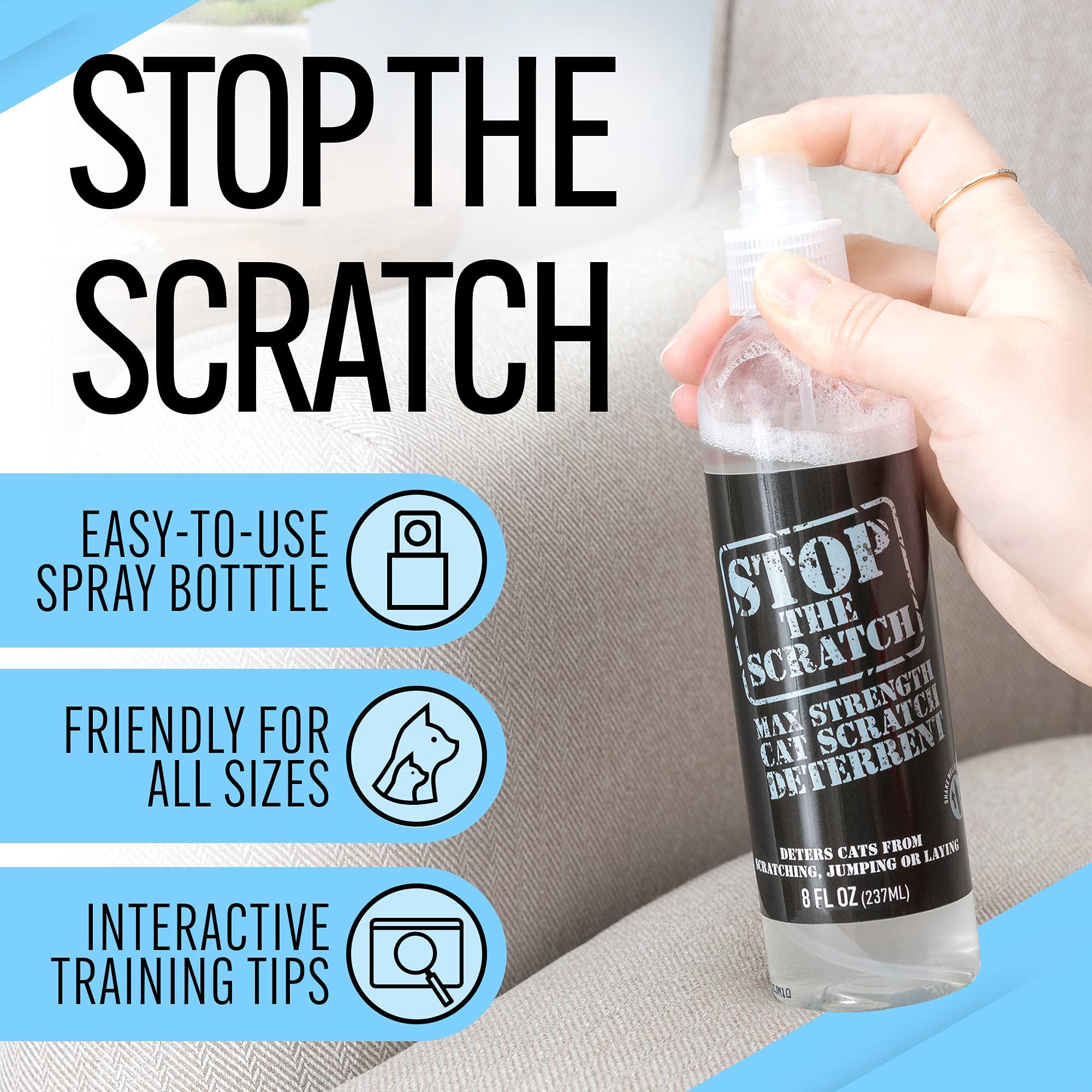 EBPP Stop The Scratch Cat Spray Deterrent for Kittens and Cats - Non-Toxic, Safe for Plants, Furniture, Floors and More Cat Deterrent Spray with Rosemary Oil and Lemongrass.