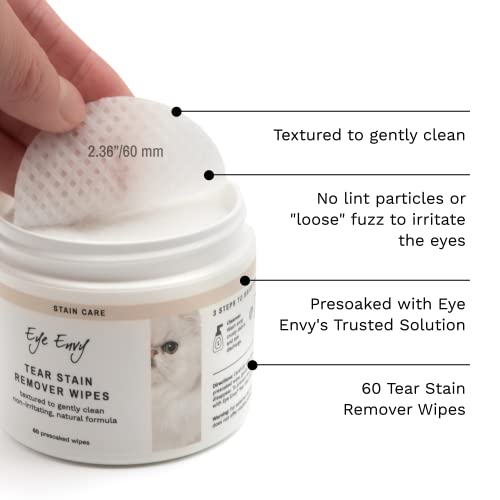 Eye Envy Tear Stain Wipes for Cats | Textured to Gently Clean, Treats The Cause of Staining | 100% Natural Formula | Recommended by Persian & Exotic Breeders, Vets, Groomers | 60 Ct