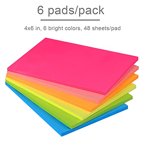 Sticky Notes 4x6 in Bright Stickies Colorful Super Sticking Power Memo Pads Strong Adhesive 6 Pads/Pack 48 Sheets/pad…