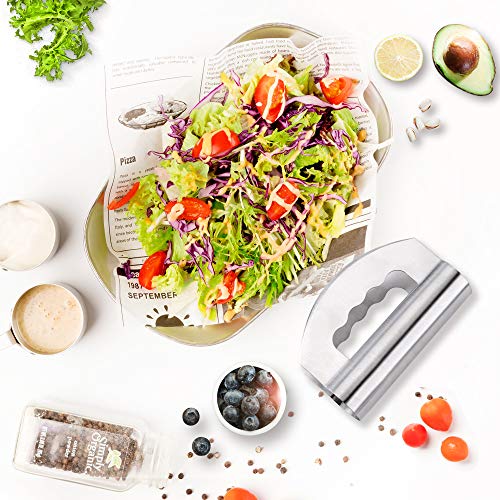 Latauar Mezzaluna Chopper - Double Bladed Salad Chopper with Blade Covers - Stainless Steel Mincing Knife -Rocker Knife - Premium Salad Chopper Knife for Home and Restaurant. Dishwasher Safe.