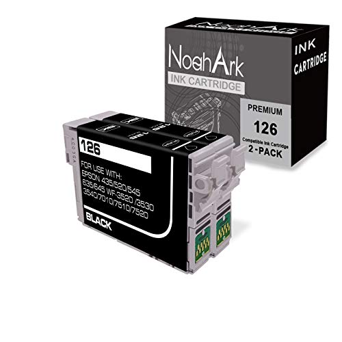 NoahArk 2 Pack T126 Remanufacture Ink Cartridge Replacement for Epson 126 T126 for Workforce 435 520 545 635 645 845 WF-3520 WF-3530 WF-3540 WF-7010 WF-7510 WF-7520 (2 Black)