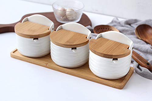 Lawei 3 pack Ceramic Sugar Bowls Set - 9 oz Porcelain Condiment Jar Spice Container with Spoons and Lids for Home and Kitchen