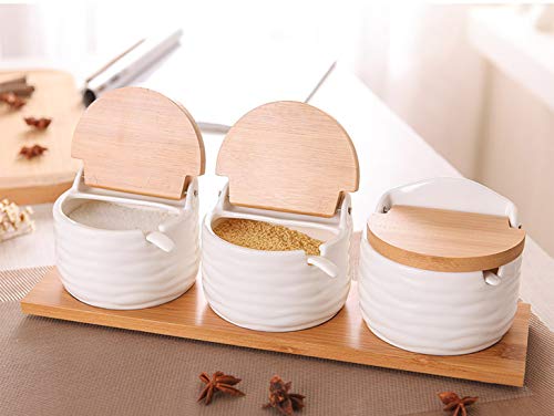 Lawei 3 pack Ceramic Sugar Bowls Set - 9 oz Porcelain Condiment Jar Spice Container with Spoons and Lids for Home and Kitchen